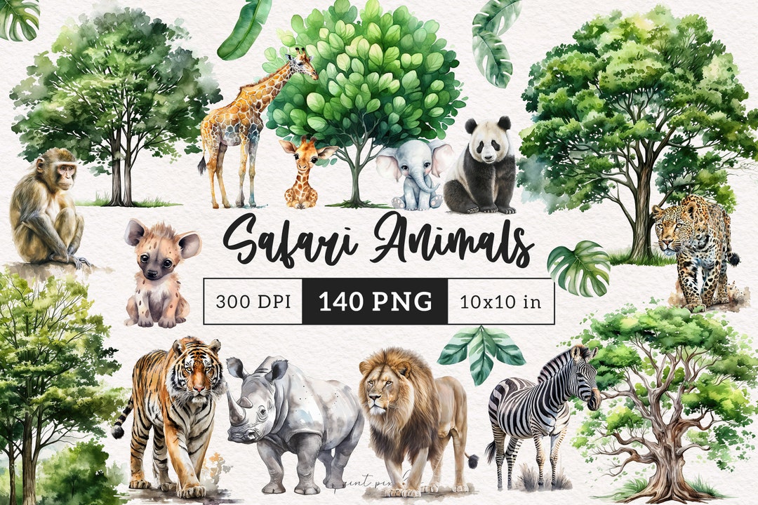 Watercolor Safari Animals Clipart Cute Wild Animal PNG Baby Animals ...