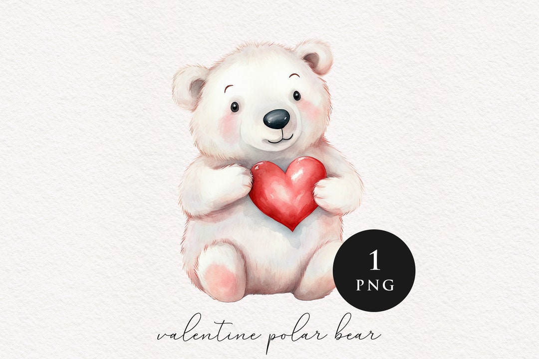 Valentine Polar Bear Clipart PNG Watercolor Lovers Day Sublimation ...