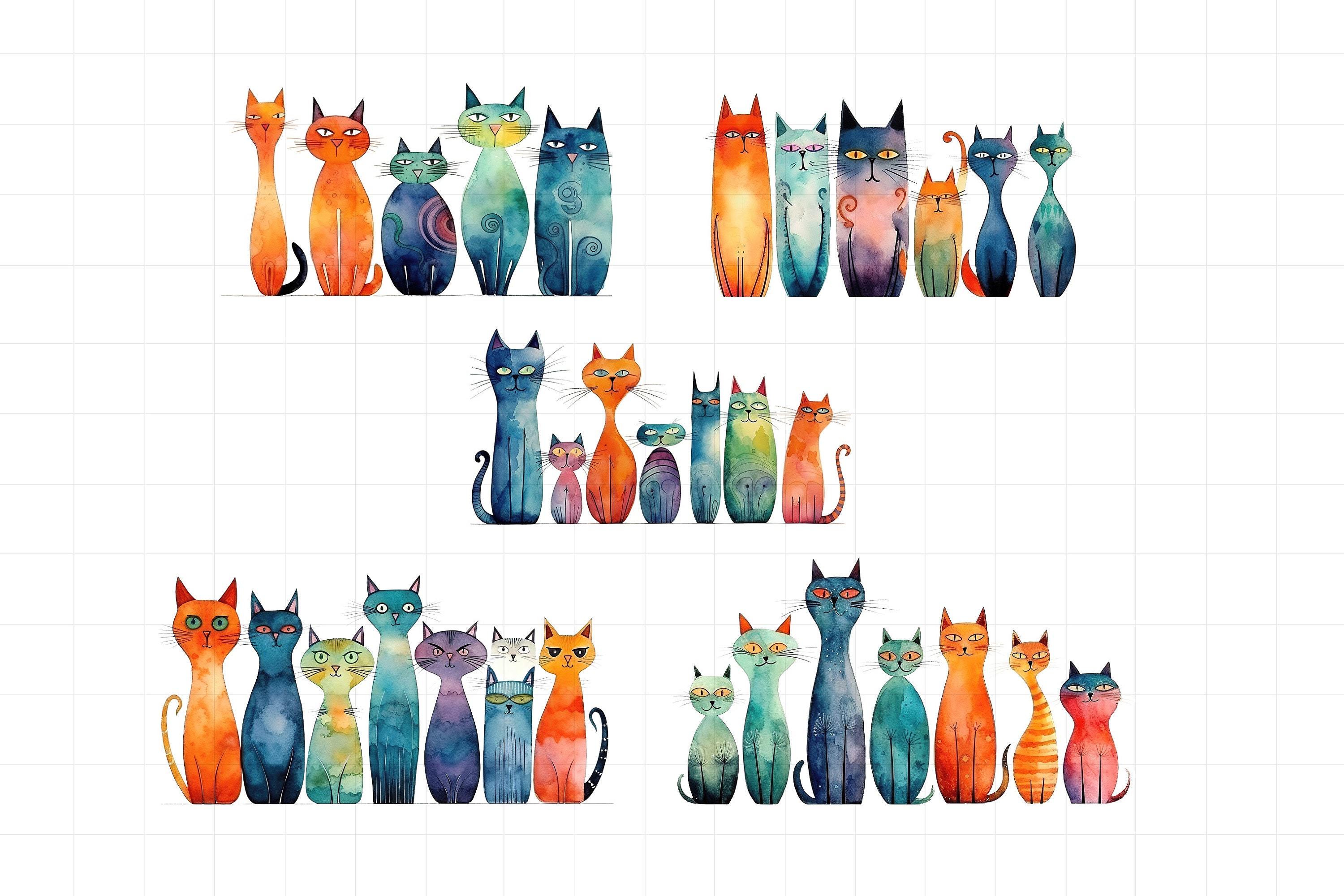 Whimsical Cats Clipart PNG Bundle Watercolor Quirky Kitten Whimsy ...