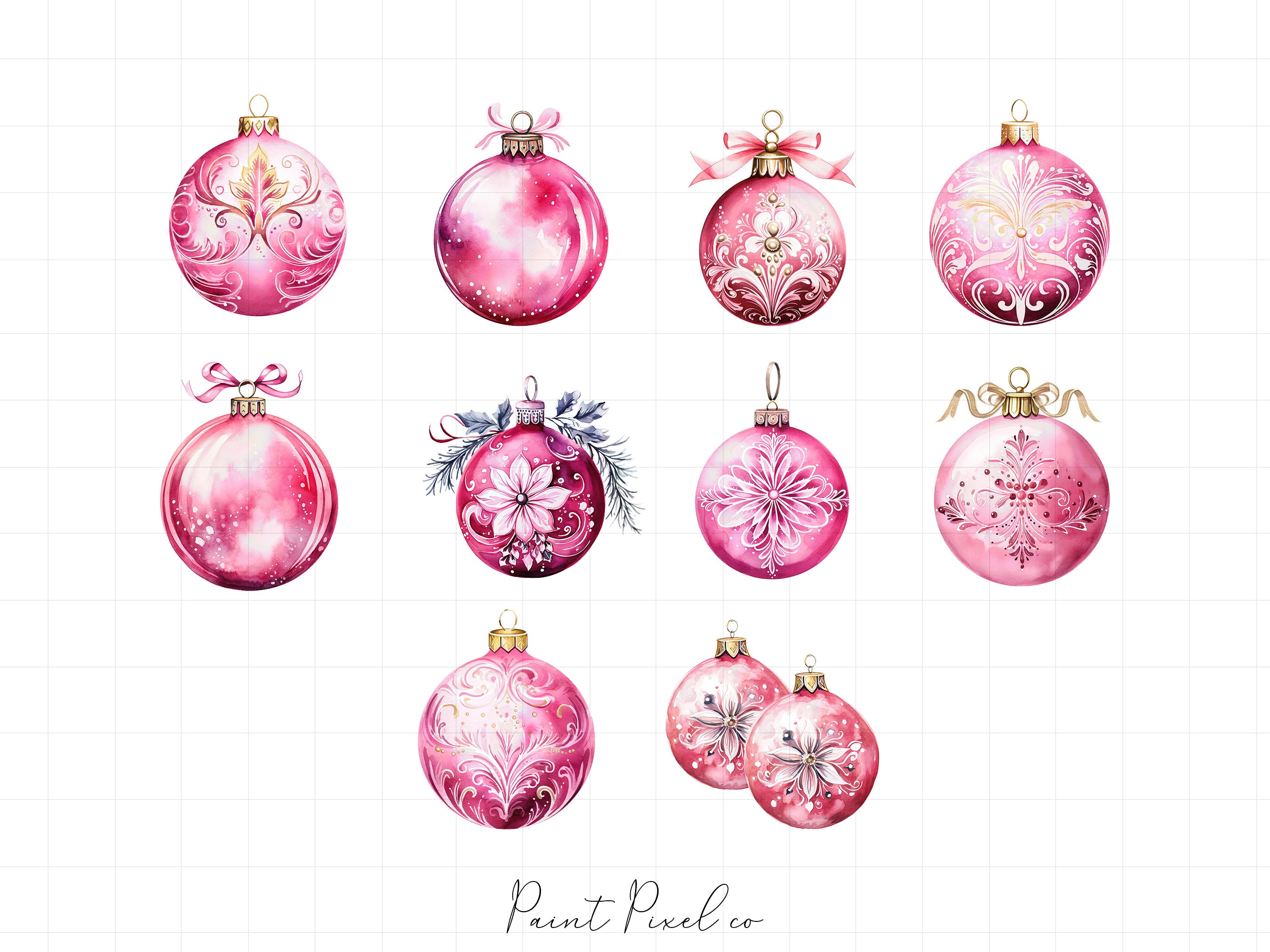 Pink Christmas Ornaments Clipart PNG Holiday Clip Art Cute - Etsy