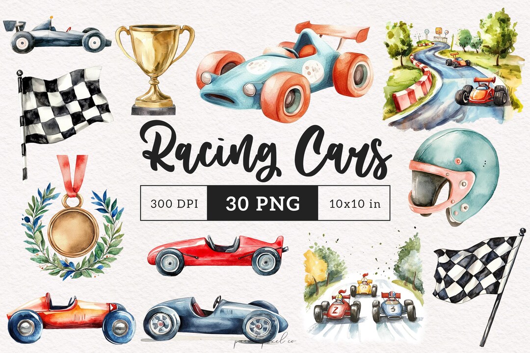 Watercolor Race Car Clipart Cute Racing Cars PNG Nursery Clipart Little ...