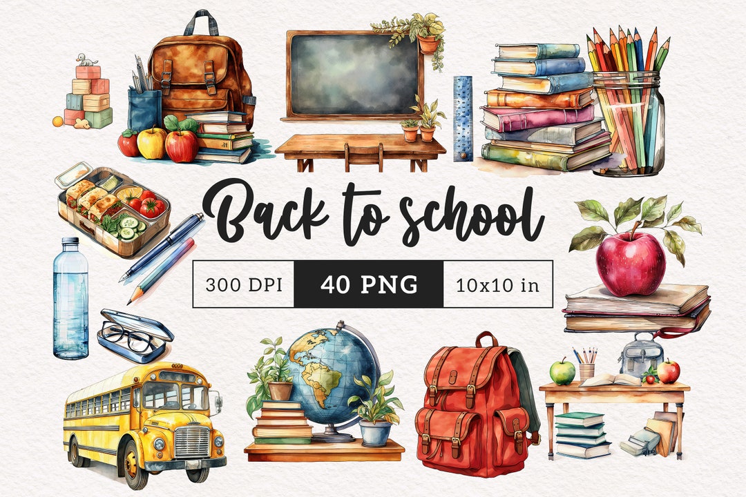 Back to School Clipart PNG Watercolor Classroom Illustration ...