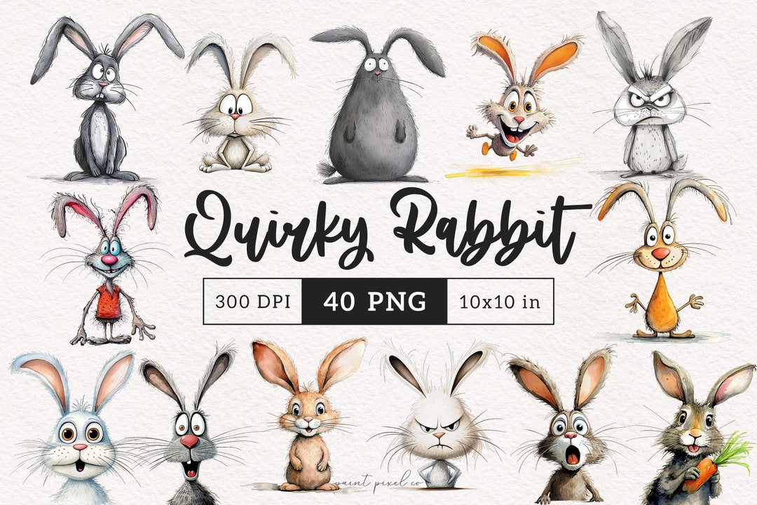Quirky Rabbit Clipart PNG Whimsical Bunny Sublimation Clip Art Woodland ...