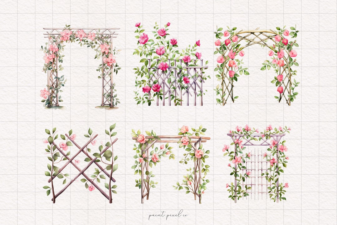 6 Pink Trellis Clipart Vintage Garden PNG Cottagecore Illustration ...