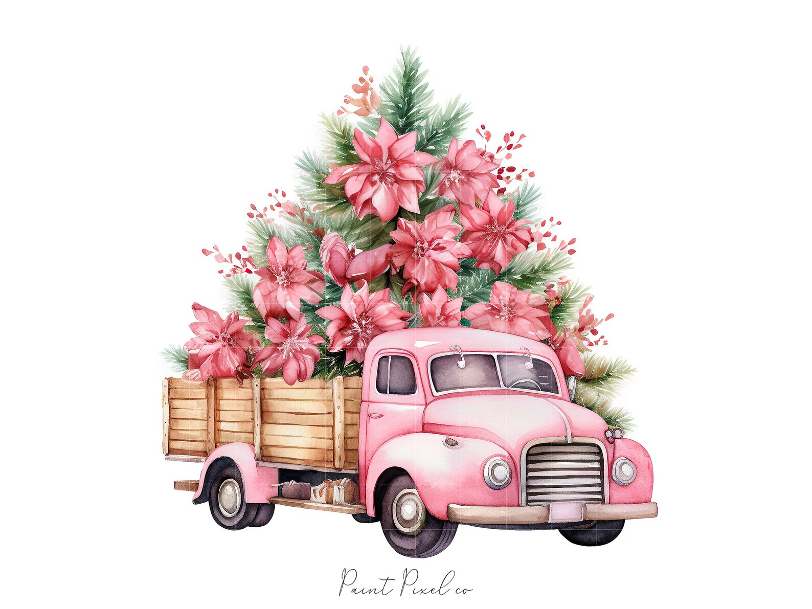 10 Pink Christmas Truck Clipart High Quality Jpgs Watercolor Clip Art ...