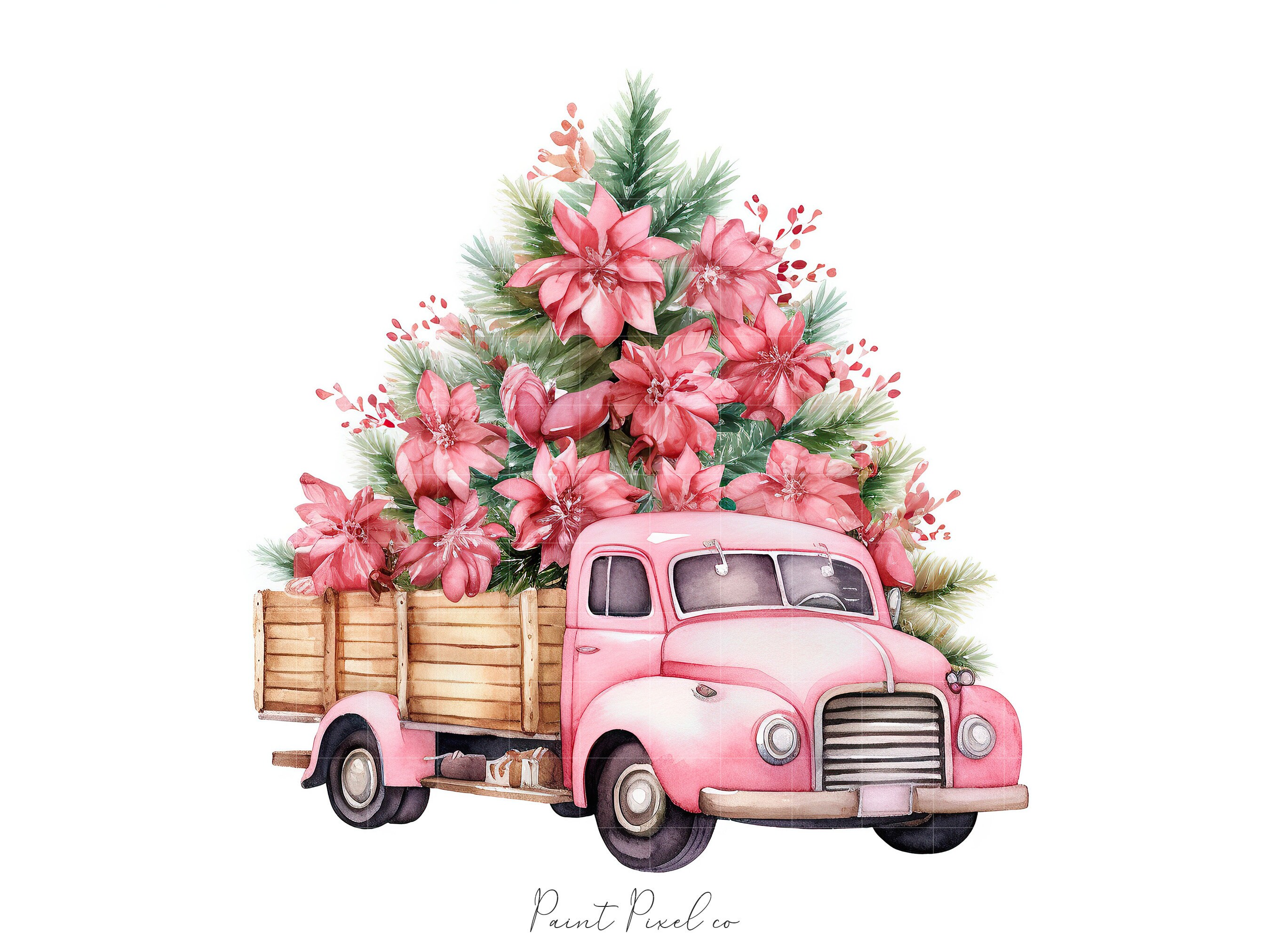 10 Pink Christmas Truck Clipart High Quality Jpgs Watercolor Clip Art ...