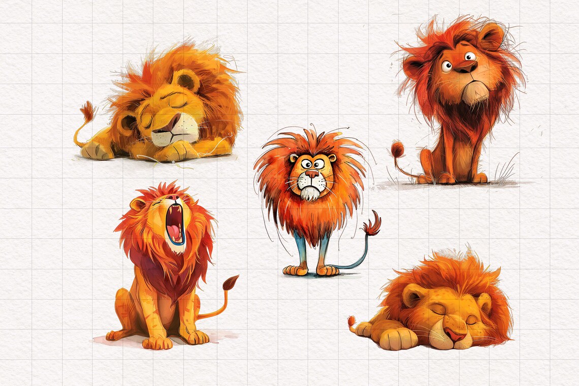 Quirky Lion PNG Clipart Bundle Whimsical Lion Sublimation Clip Art ...