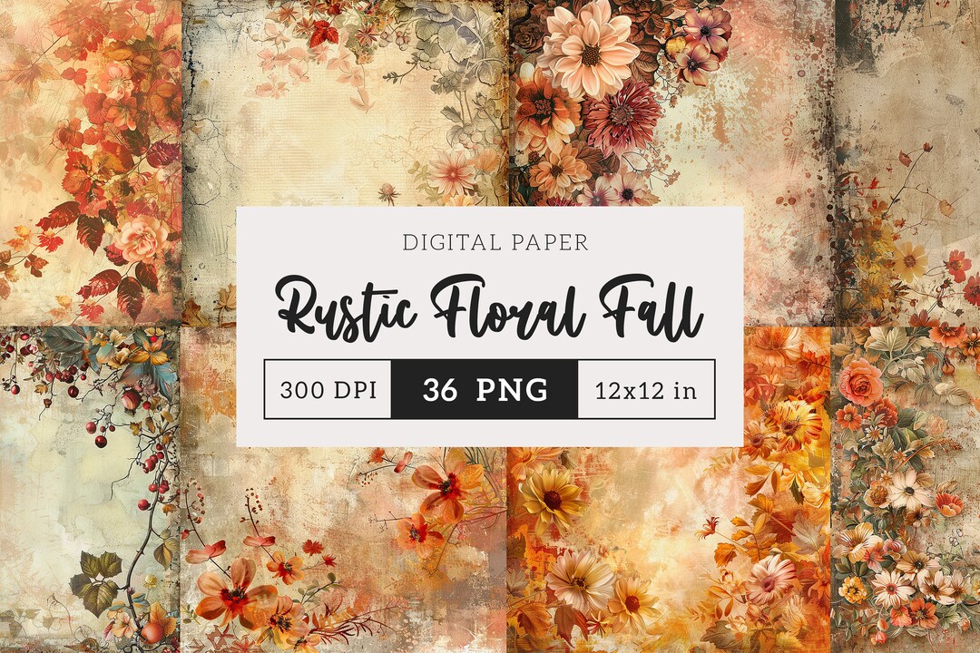 Shabby Autumn Digital Paper PNG Vintage Fall Background Rustic Floral ...