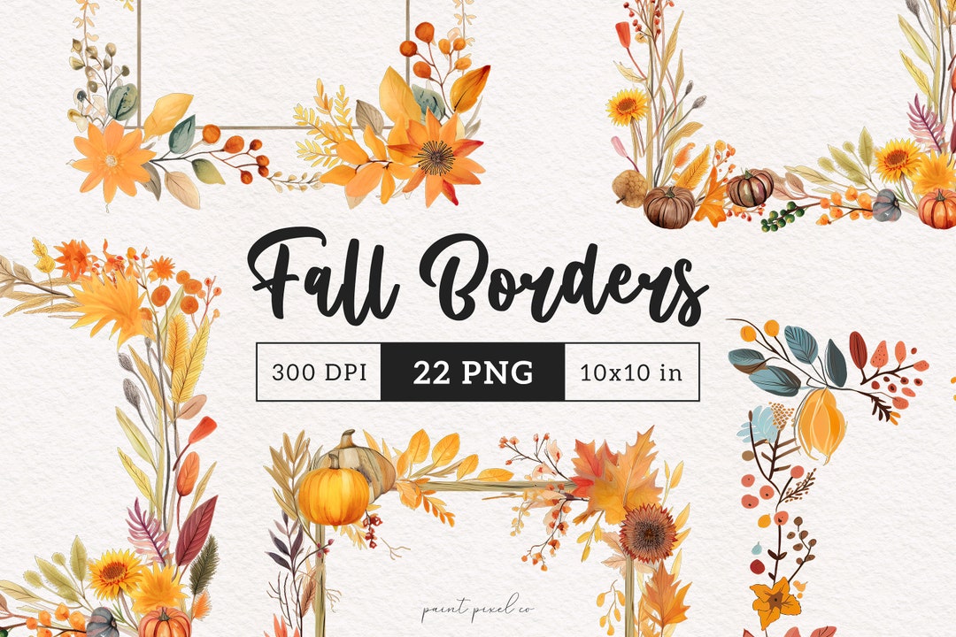 Autumn Border Clipart Boho Orange Flowers PNG Watercolor Fall Floral ...