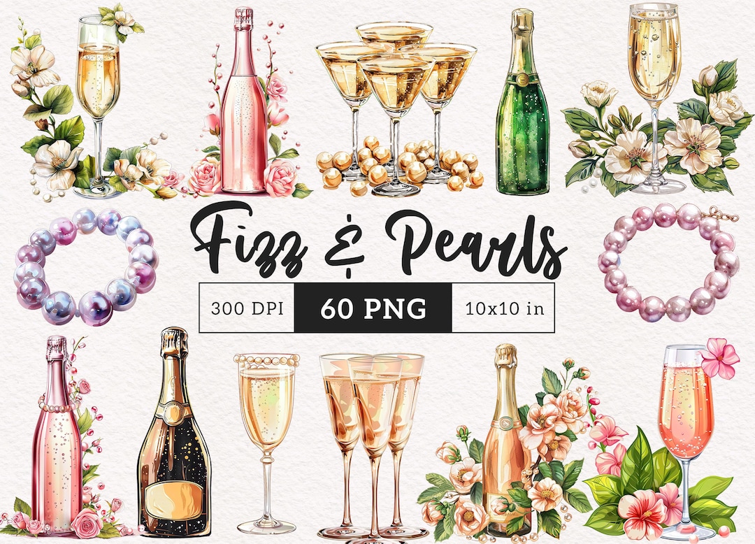 Wine and Pearls Clipart Floral Bridal Shower PNG Floral Champagne ...