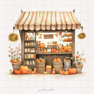 4 Autumn Market Stall Clipart Boho Fall PNG Watercolor Autumn Scene ...