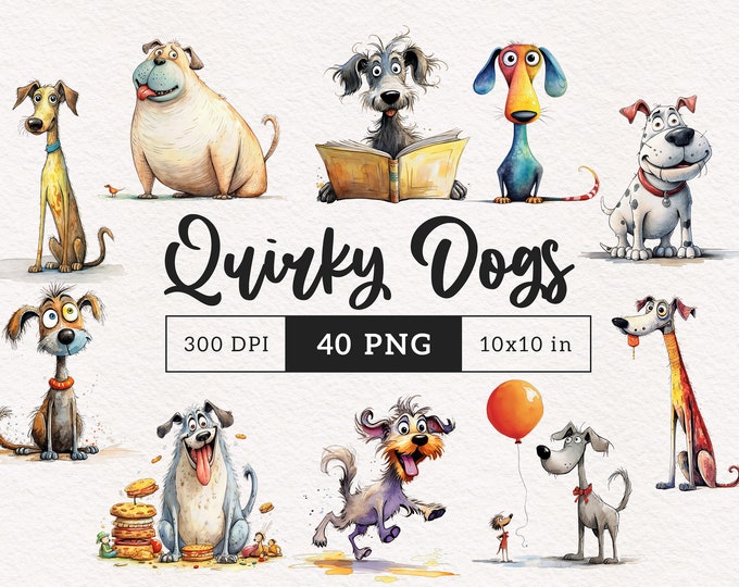 Quirky Dog Clipart PNG Bundle Whimsical Dogs Sublimation Clip Art ...