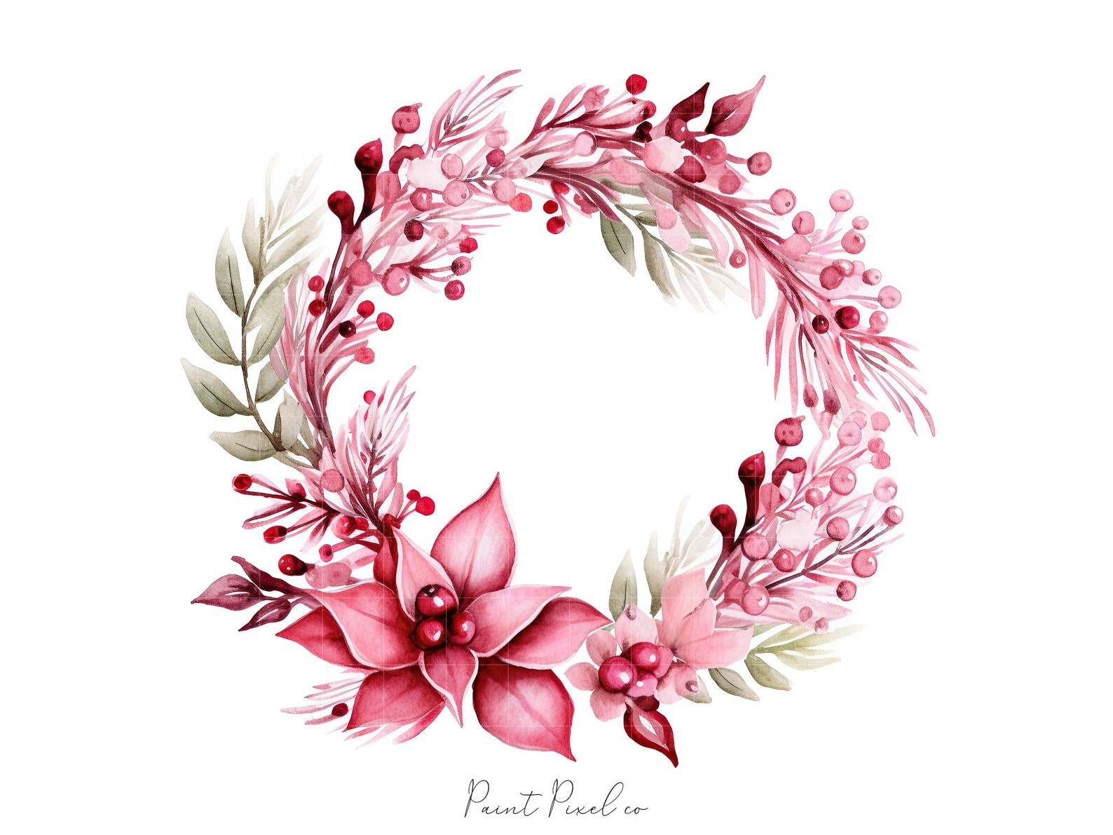 8 Pink Christmas Wreath Clipart High Quality Jpgs Watercolor Clip Art ...