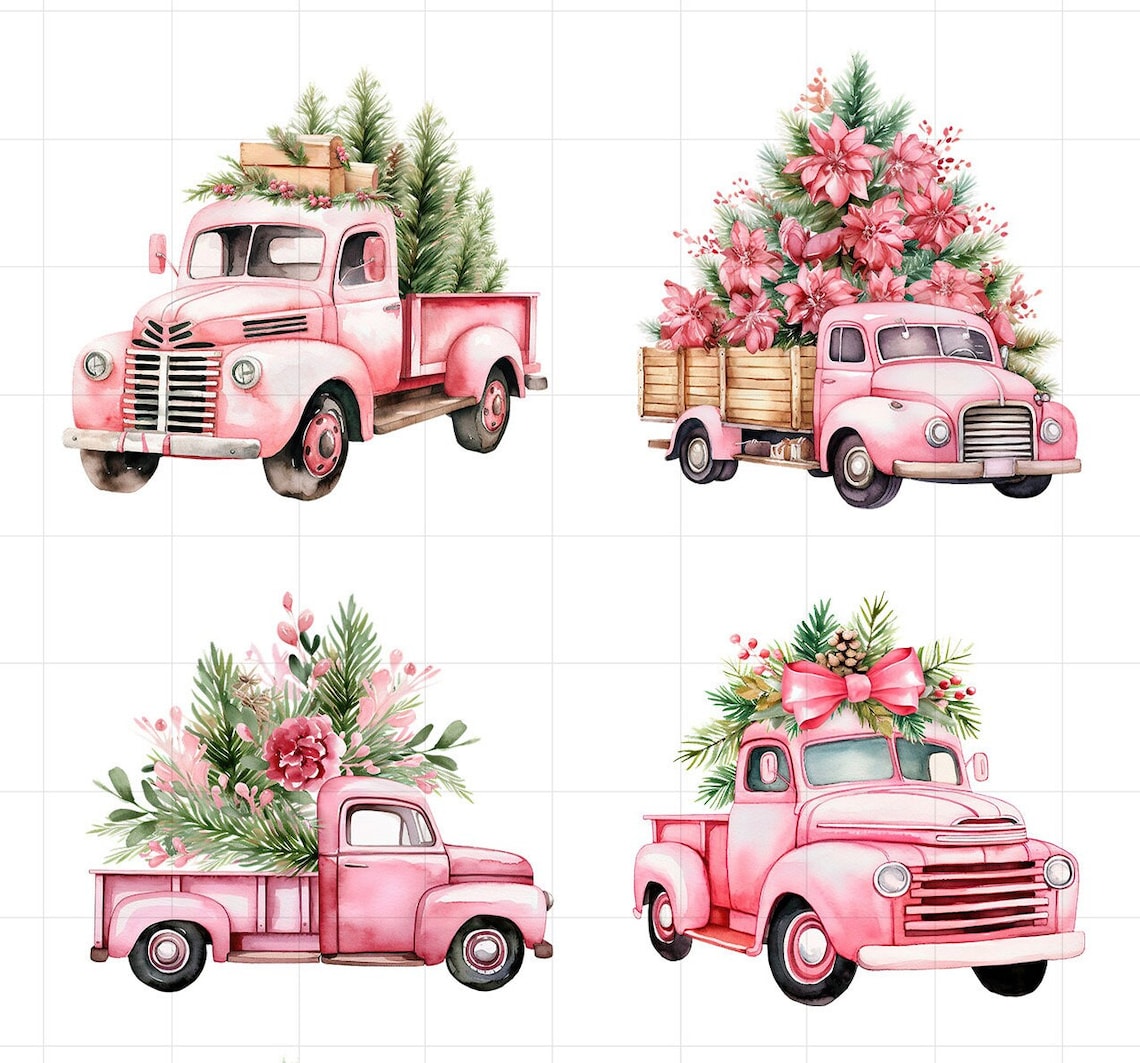 Pink Christmas Truck Clipart PNG Holiday Clip Art Cute Pastel Xmas ...