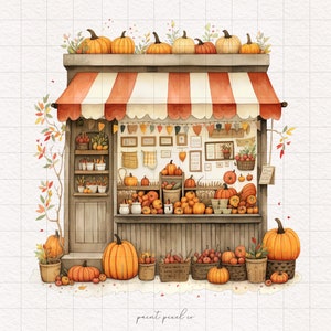 4 Autumn Market Stall Clipart Boho Fall PNG Watercolor Autumn Scene ...