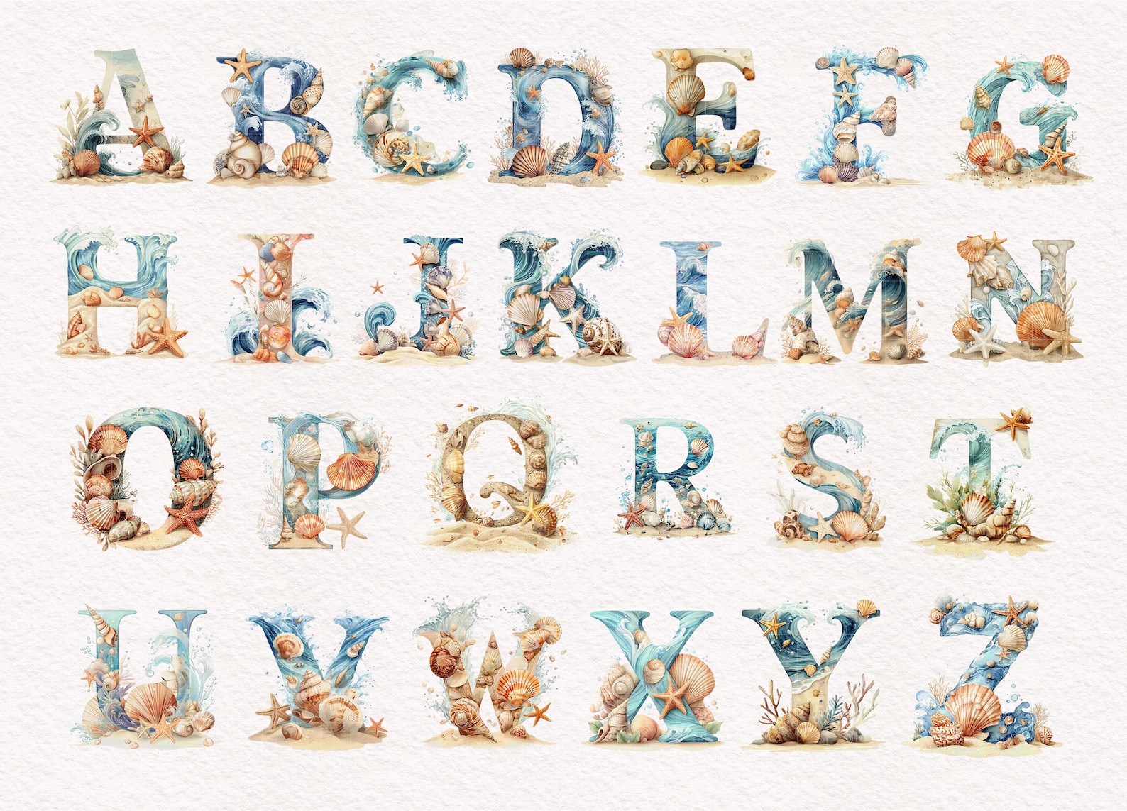 Beach Alphabets Clipart Ocean Alphabets Cute Watercolor Letters ...