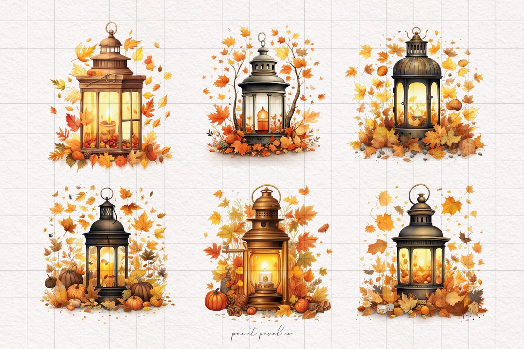 6 Autumn Lantern Clipart Boho Fall Lamp PNG Watercolor Cute Ephemera ...