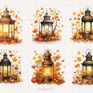 6 Autumn Lantern Clipart Boho Fall Lamp PNG Watercolor Cute Ephemera ...