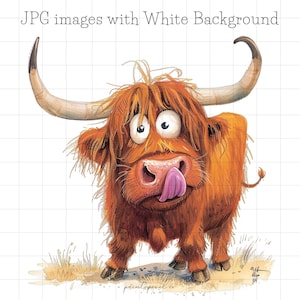 30 Quirky Highland Cow JPG Clipart Whimsical Cows Cute Sublimation Clip ...
