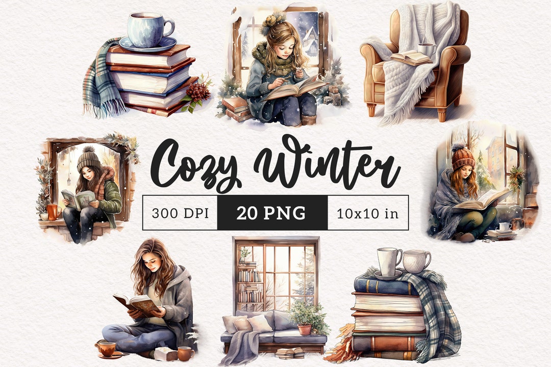 Winter Cozy Book Clipart PNG Book Clip Art Book Lover Girl Bookworm ...