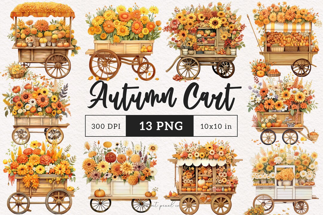 4 Autumn Flower Cart Clipart Boho Fall PNG Watercolor Floral Graphics ...