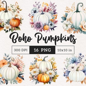 Boho Fall Pumpkin Clipart Floral Pumpkin Bouquets PNG Bohemian Autumn ...