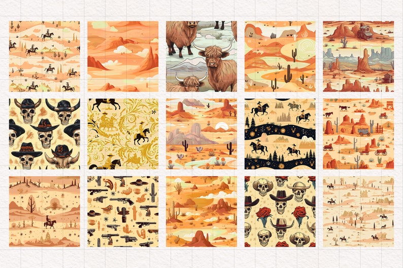 Wild West Patterns Highland Cow Seamless Background Western Landscape ...