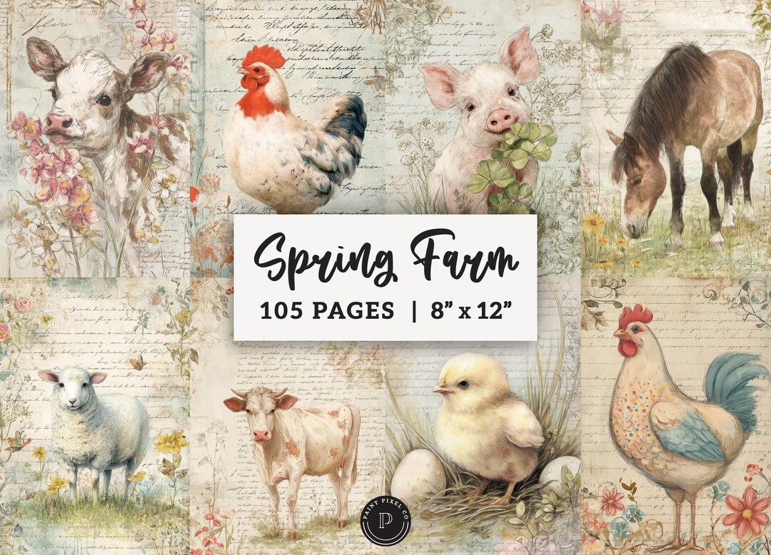 Spring Farm Animals Junk Journal Papers - Shabby Chic Farm Printable ...