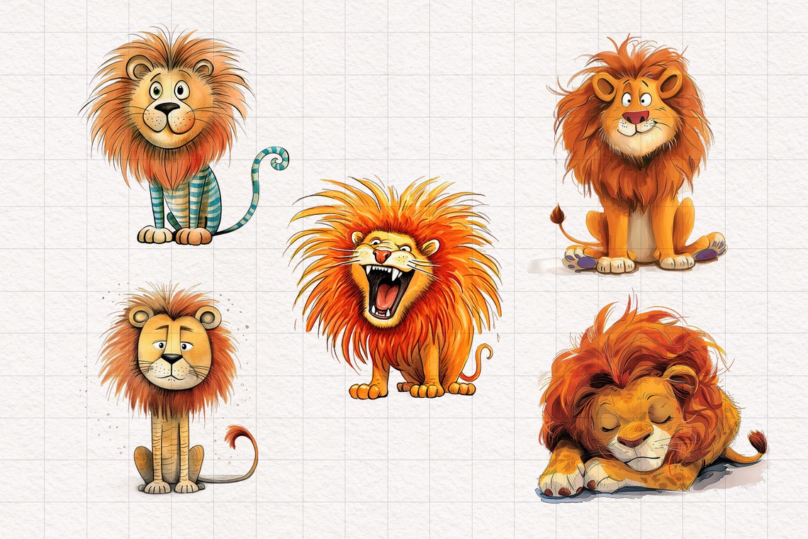 Quirky Lion PNG Clipart Bundle Whimsical Lion Sublimation Clip Art ...