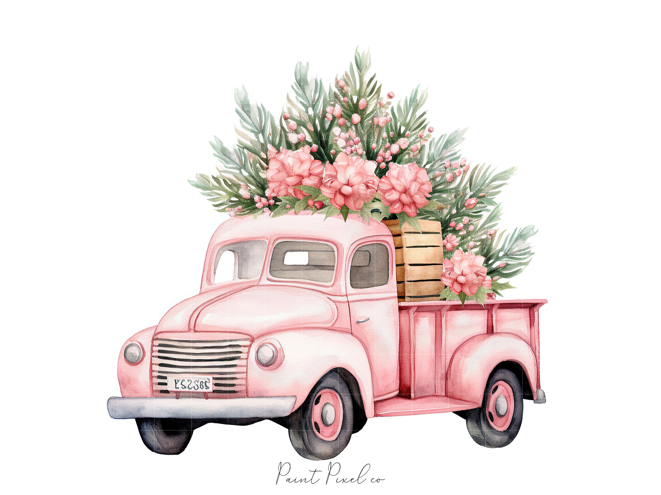 10 Pink Christmas Truck Clipart High Quality Jpgs Watercolor Clip Art ...