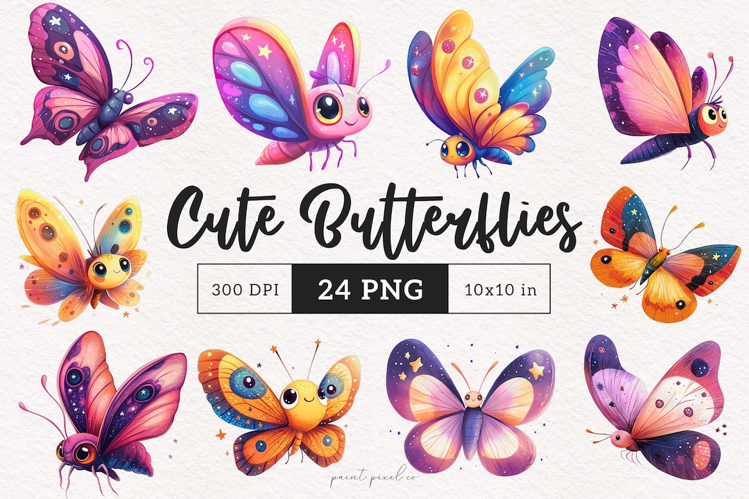 Cute Butterflies PNG Butterfly Clipart Watercolor Purple Orange Chibi ...