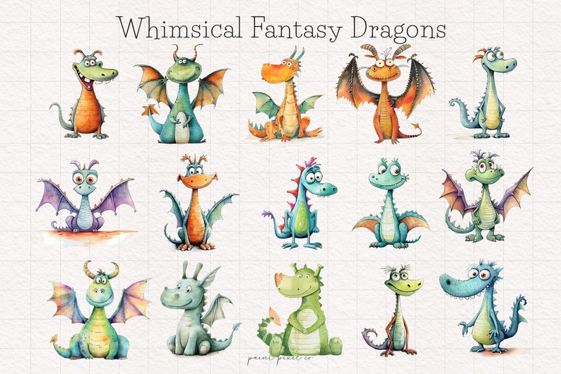 Quirky Dragon Clipart Fantasy Funny Dragons PNG Whimsical Birthday ...