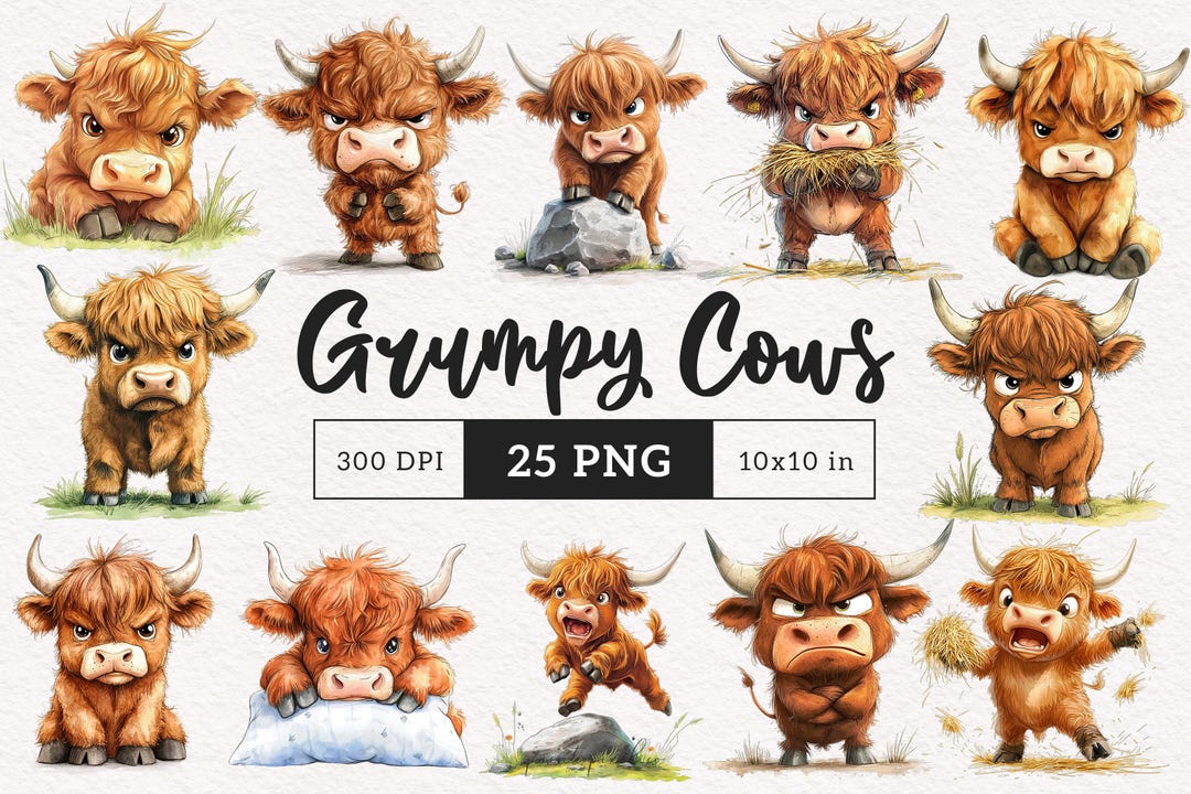 Quirky Watercolor Highland Cow Clipart Baby Cow PNG Whimsical Cow ...