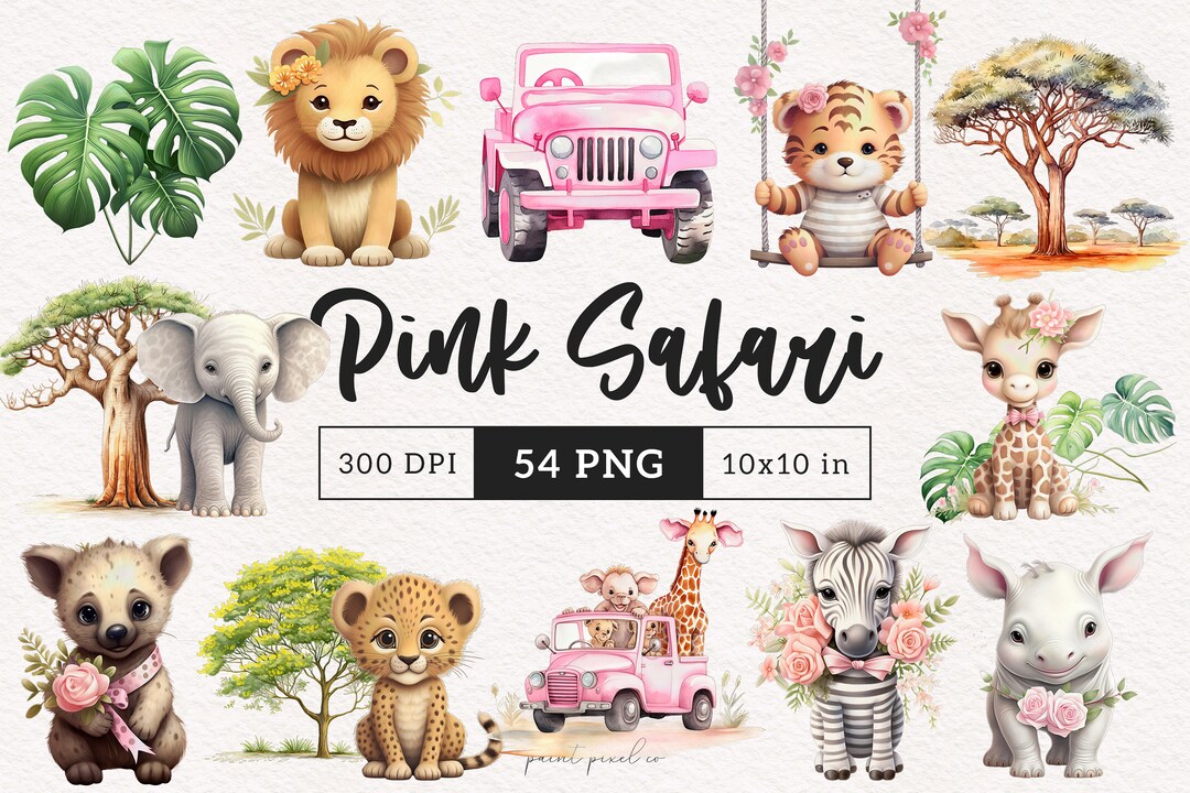 Pink Safari Animals PNG Cute Wildlife Clipart African Safari Jeep ...