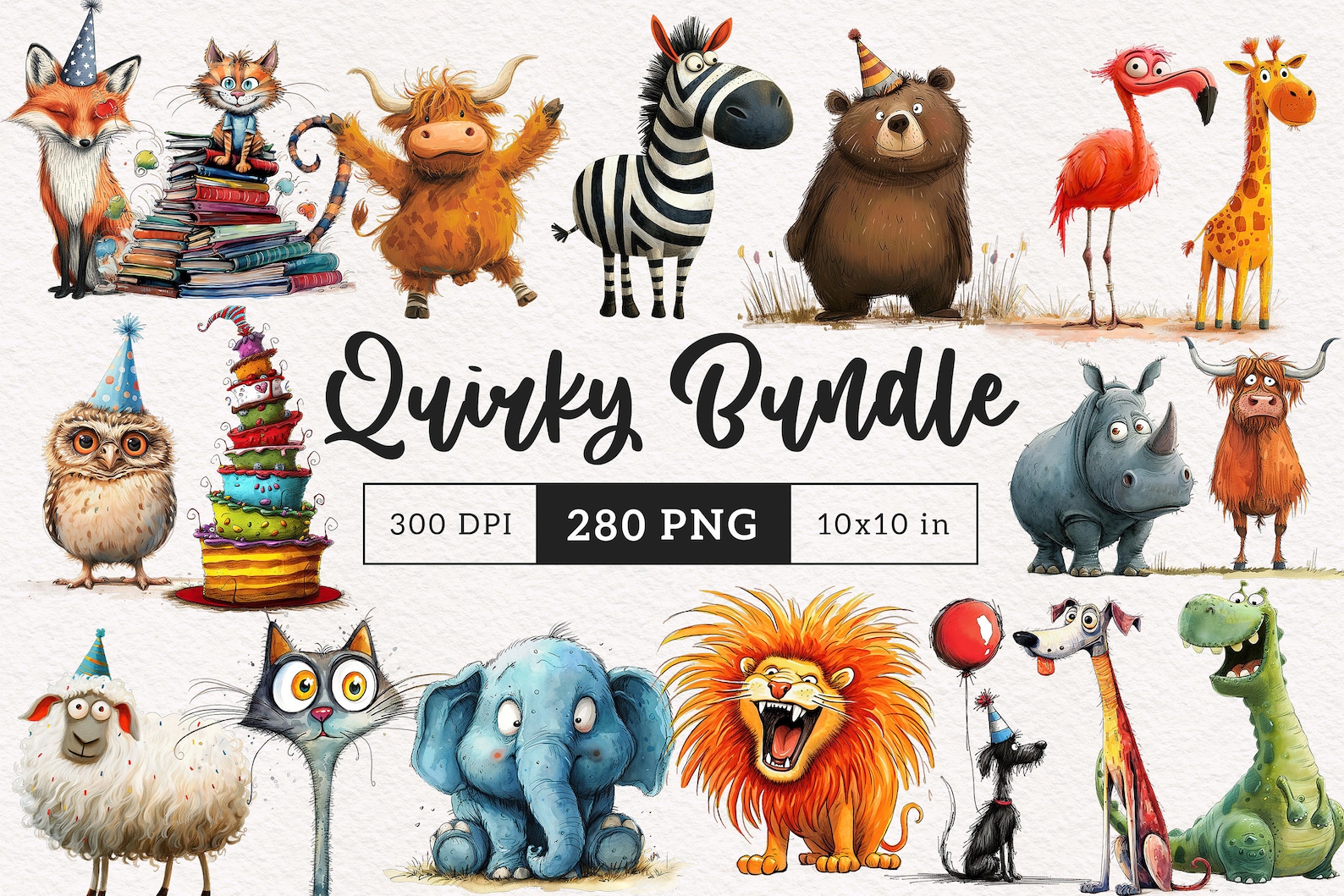 Quirky Animals PNG Clipart Bundle Whimsical Safari Animals Dog Cat ...