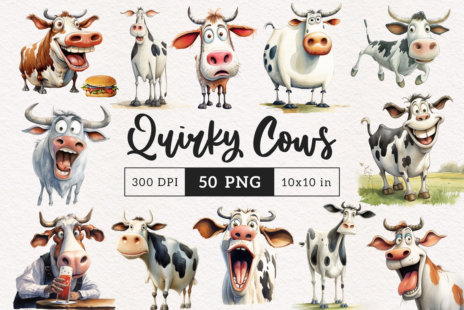 Quirky Cow Clipart PNG Whimsical Cows Sublimation Clip Art Farm Animals ...