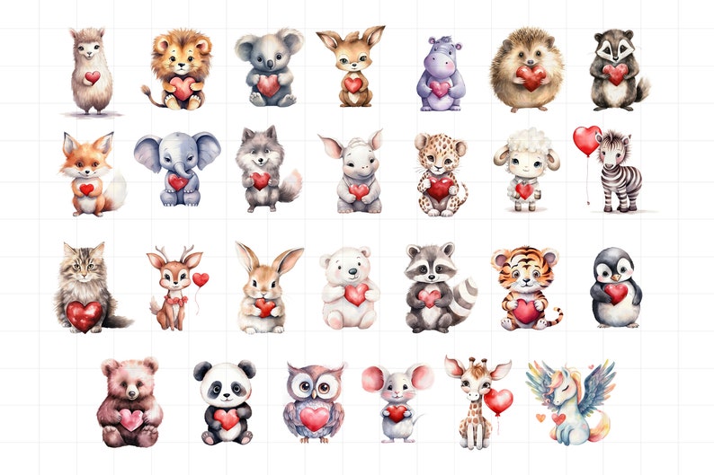Valentine Animals Clipart PNG Bundle Watercolor Lovers Day Sublimation ...