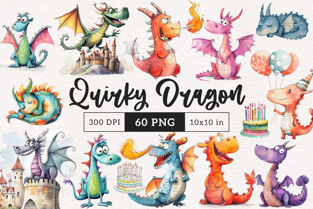 Quirky Dragon Clipart Fantasy Funny Dragons PNG Whimsical Birthday ...