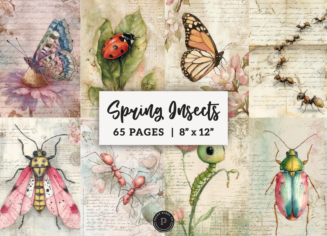 Insects Junk Journal Papers - Shabby Spring Critters Printable - Rustic ...