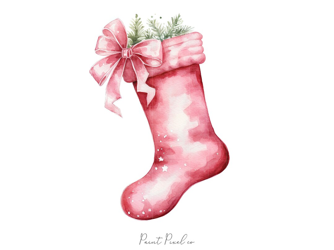 8 Pink Christmas Stocking Watercolor Clipart High Quality Jpgs Clip Art ...