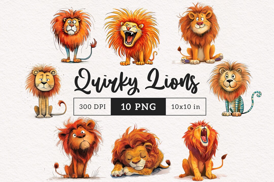 Quirky Lion PNG Clipart Bundle Whimsical Lion Sublimation Clip Art ...