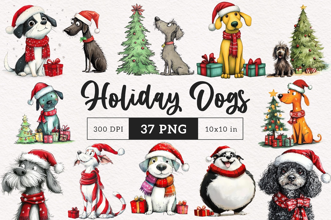 Quirky Christmas Dog Clipart Whimsical Dogs Funny Animals Silly Holiday ...