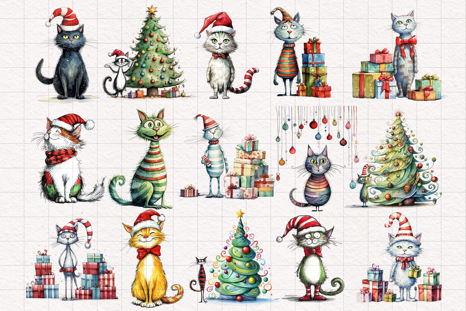 Quirky Christmas Cat Clipart Whimsical Funny Animals Silly Holiday Cats ...