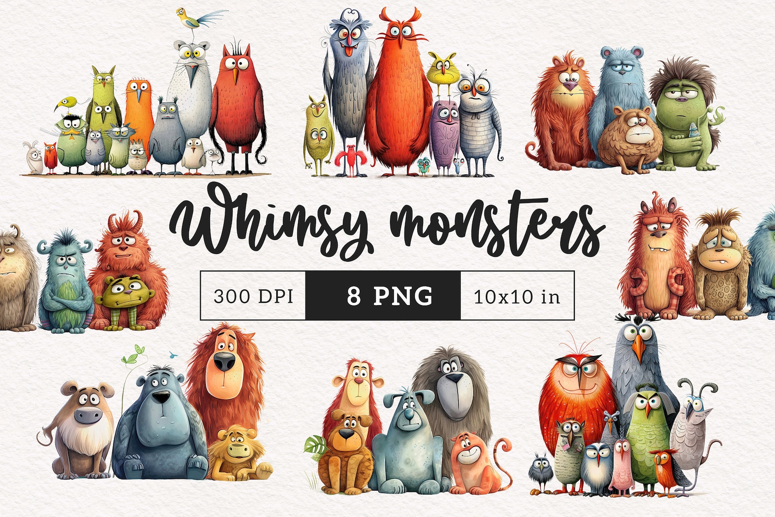 Whimsical Monsters Clipart PNG Bundle Watercolor Quirky Creatures ...