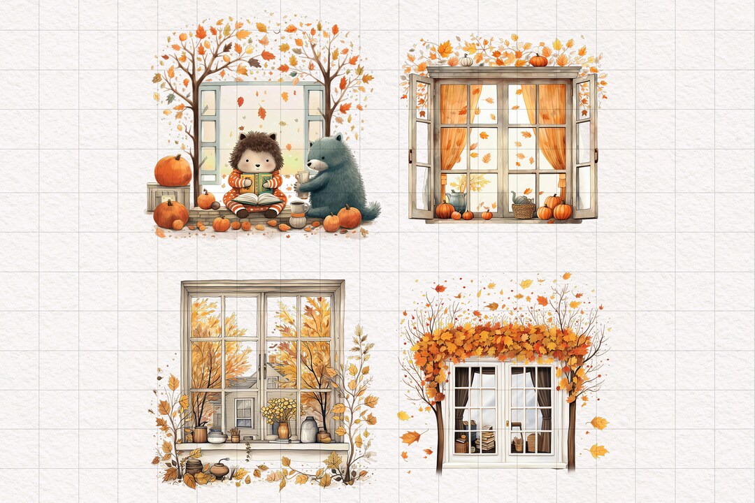 4 Autumn Window Clipart Boho Fall House PNG Watercolor Cozy Hearth ...