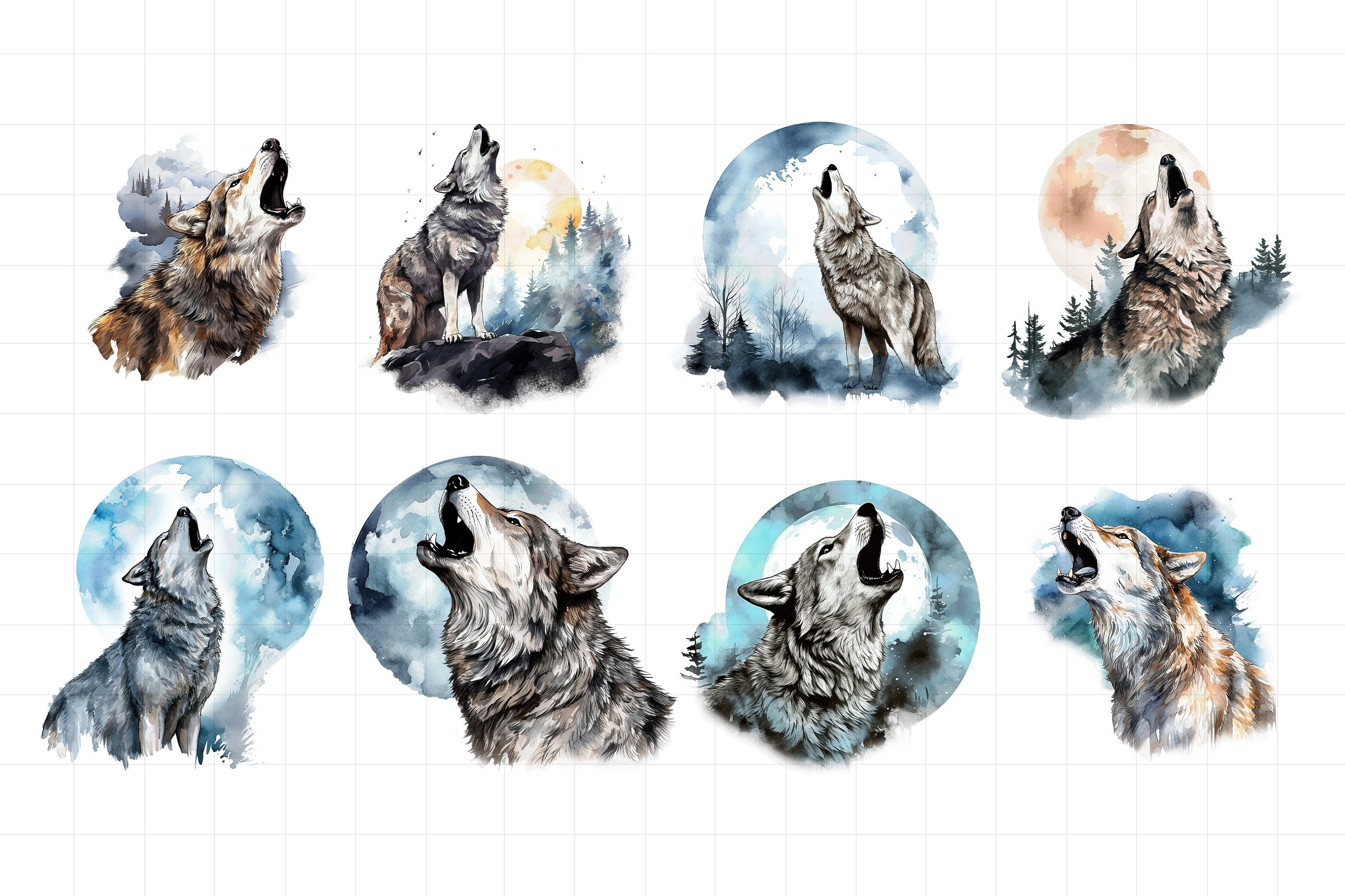 Howling Wolf Clipart PNG Bundle Watercolor Wolves Sublimation Transfer ...