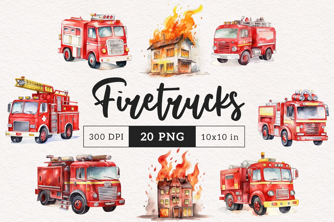 Firetruck Clipart PNG Watercolor Red Firetrucks Clip Art Sublimation ...