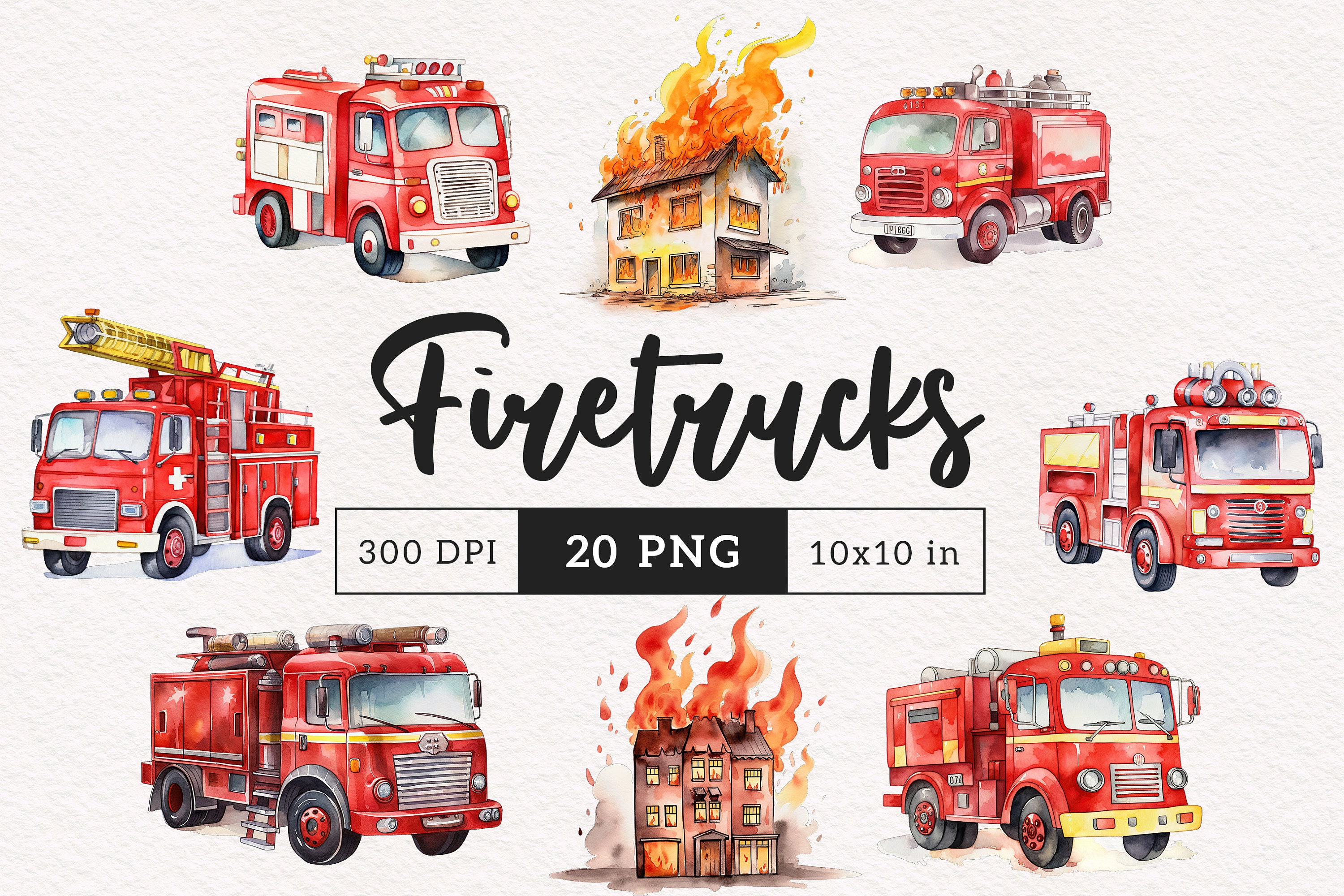 Firetruck Clipart PNG Watercolor Red Firetrucks Clip Art Sublimation ...