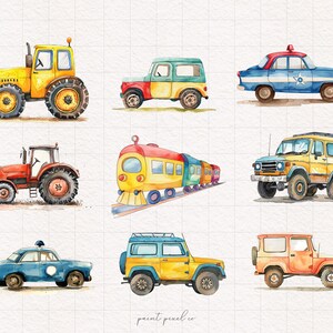 Whimsy Vehicles Clipart PNG Watercolor Firetrucks Cars Bus Train Clip ...