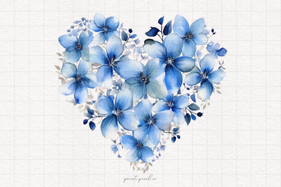 4 Blue Floral Heart PNG Blue Flowers Heart Clipart Valentine Watercolor ...
